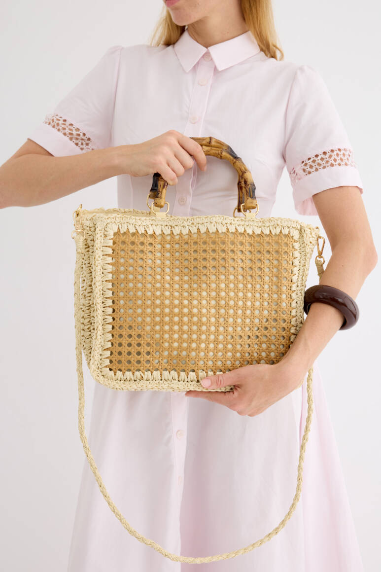 Hazeranlı Hasır Çanta Bej emnora EMNORA