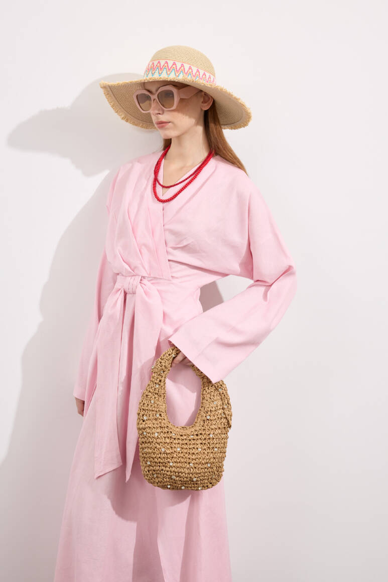 Püsküllü Etnik Hasır Şapka Natürel Şapka EMNORA